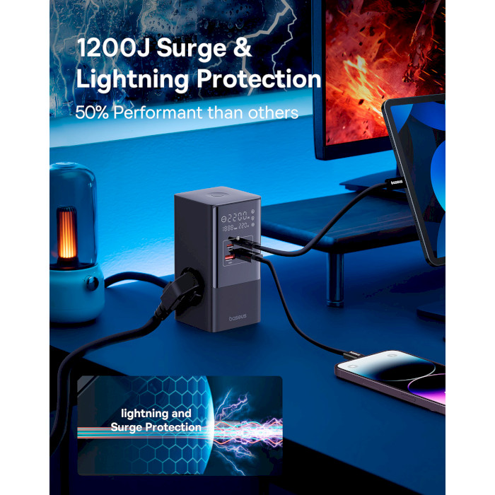 Мережевий фільтр Baseus PowerCombo Tower Digital PowerStrip 3AC + 2U ...